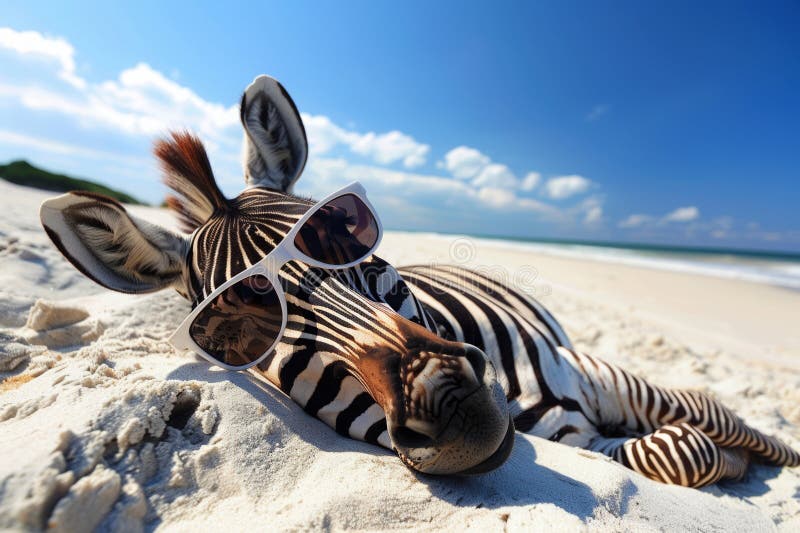 AI Generated Illustration of a Zebra with Sunglasses Rests on Sandy ...
