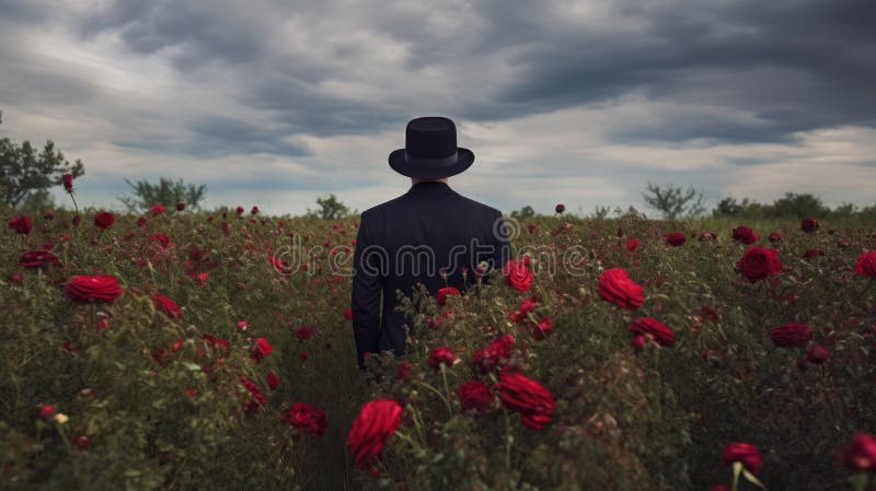 AI Generated Image. Anonymous Man in Black Suit and Hat Standing in the ...