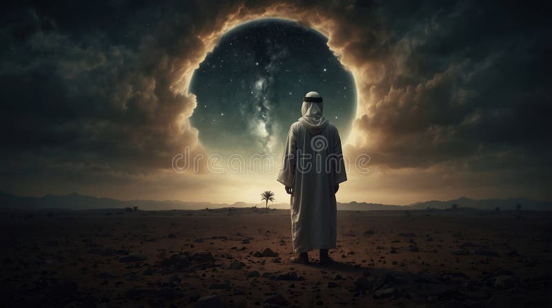Arabian Man Standing Alone at Night Desert with Dramatic Cloudy Sky in ...