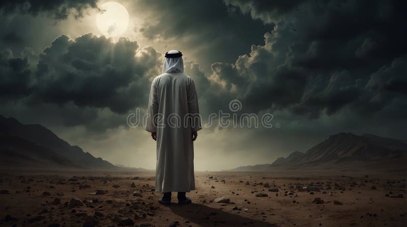 Arabian Man Standing Alone at Night Desert with Full Moon and Dramatic ...