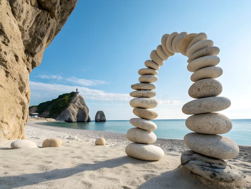 Balanced Pebble Arch on Tranquil Beach Stock Illustration ...