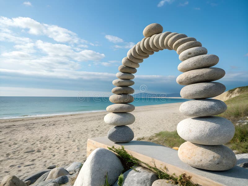 Balanced Pebble Arch on Tranquil Beach Stock Illustration ...