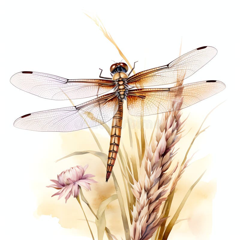 Beautiful Dragonfly Perched on a Reed Watercolor Clipart Illustration ...