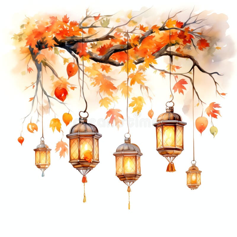 Beautiful Lanterns Hanging from Tree Branches Watercolor Clipart ...