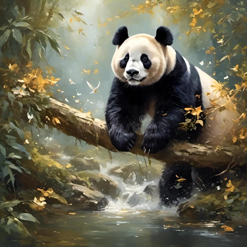 Panda Bear on Tree Branch Over a Stream Stock Illustration ...
