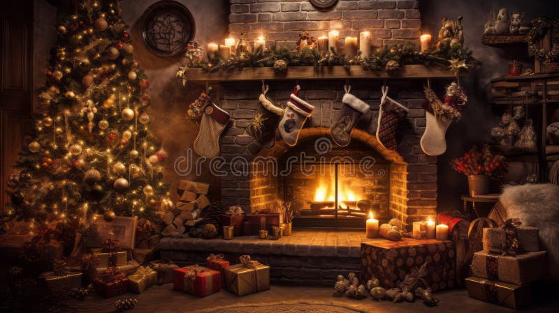 Christmas Tree, Presents and Fireplace, Christmas Night Decoration ...