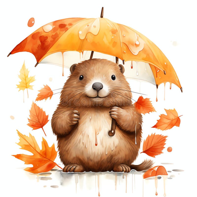 Beaver in Autumn Under Umbrella Stock Illustration - Illustration of ...