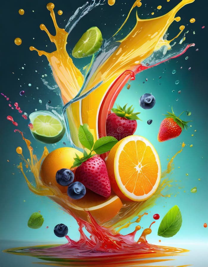 Fresh Fruit, Berries, and Juice in a Big Splash Stock Image - Image of ...