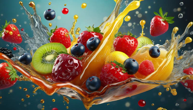 Fresh Fruit, Berries, and Juice in a Big Splash Stock Photo - Image of ...