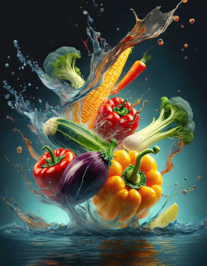 Fresh Vegetables in a Big Spash Stock Image - Image of drop, dark ...