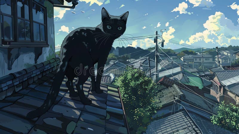 AI Generated Image of Black Cat with Blue Eyes Walks on Rooftops. Stock ...