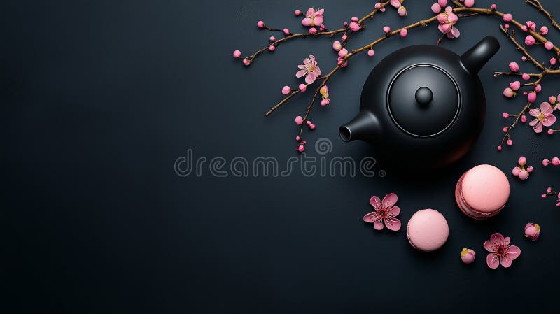 Black Teapot with Pink Macarons and Spirng Flowers Stock Illustration ...