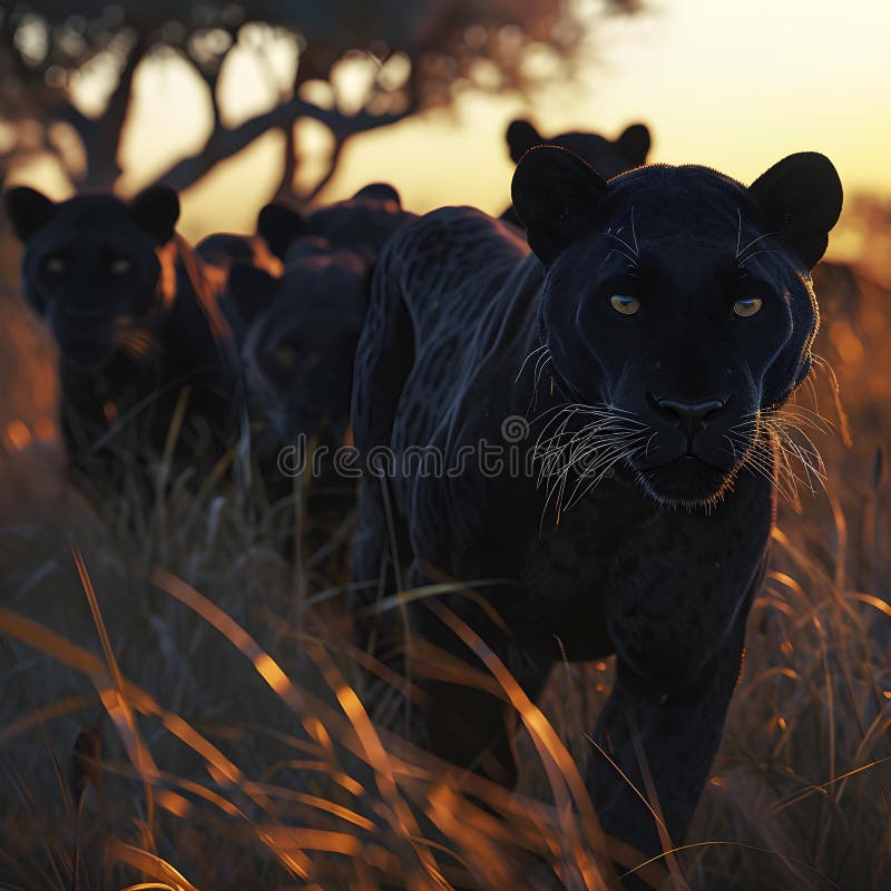 Black Panthers Standing in the Savanna with Setting Sun Shining. Stock ...