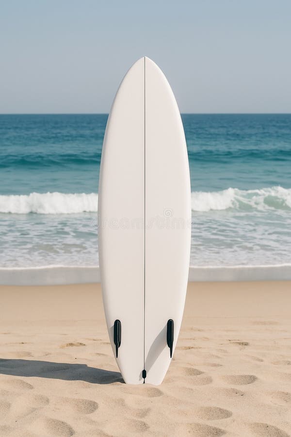 Blank Surfboard Standing on Sandy Beach with Ocean Background Stock ...