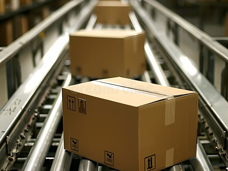 AI-Generated Image of a Box is on a Conveyor Belt in a Factory Stock ...