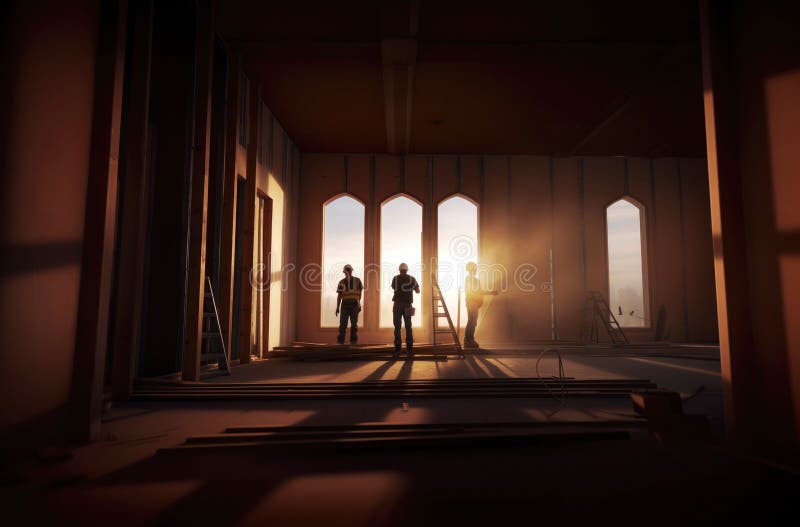 Building for Jesus. Three Men Working on the Interiors Stock ...