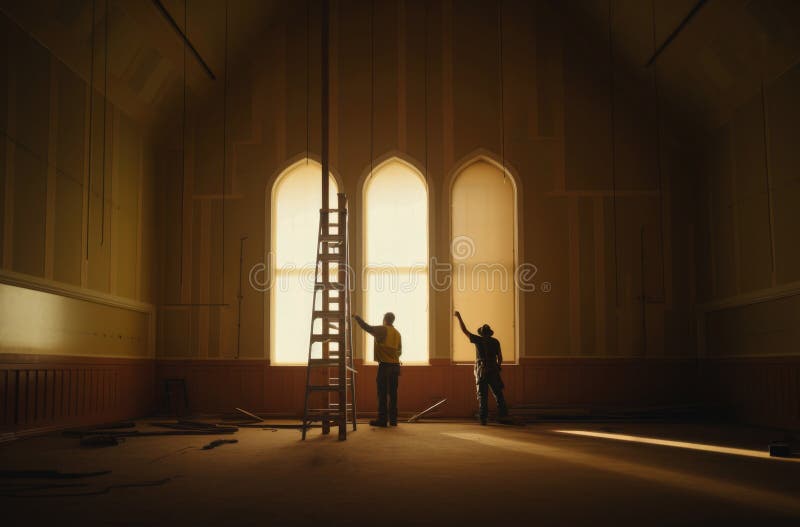 Building for Jesus. Two Workers Working on the Interior Stock ...