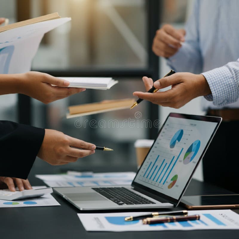 AI-Generated Image of a Group Meeting Reviewing Charts and Documents ...