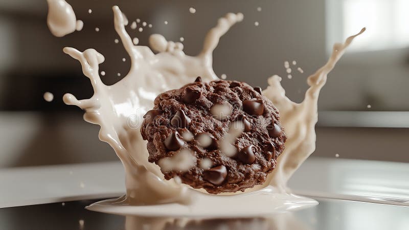 Chocolate Chip Cookie Splashing into Milk in Dynamic Motion Stock ...