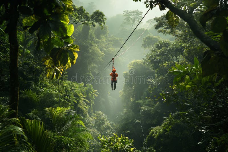 Thrilling Zipline Adventure through Lush Tropical Jungle Stock ...