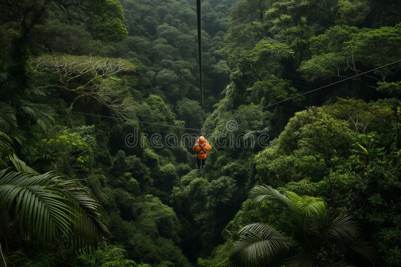 Thrilling Zipline Adventure through Lush Tropical Jungle Stock ...