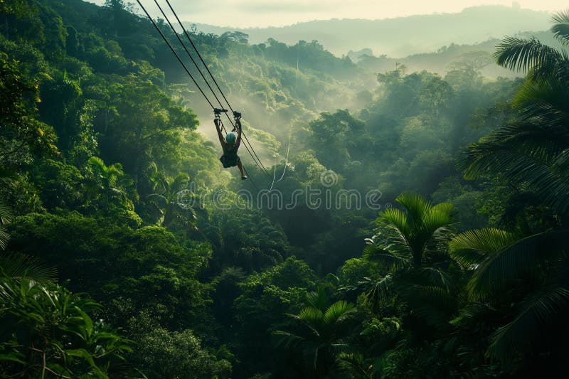 Thrilling Zipline Adventure through Lush Tropical Jungle Stock ...