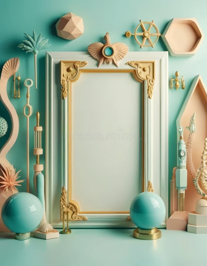 Frame with Gold and Various Decorative Objects on Blue Background Stock ...
