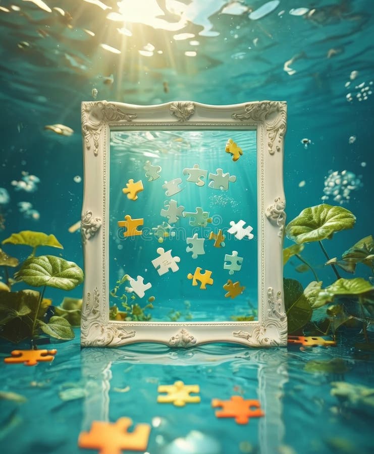Frame with Puzzles Floating in the Water Stock Illustration ...