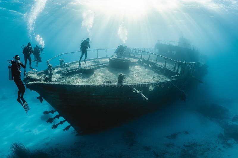 Divers Exploring a Sunken Shipwreck in Deep Blue Waters Stock ...