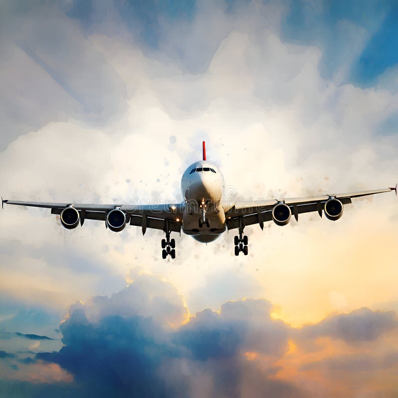 Large White Airplane Landing in Cloudy Sky – AI Generated Image Stock ...
