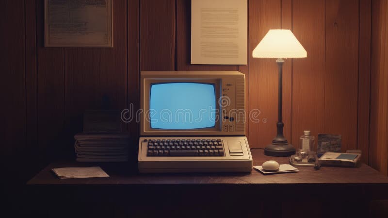 Vintage Desktop Setup with Early Computer and Desk Lamp Stock ...