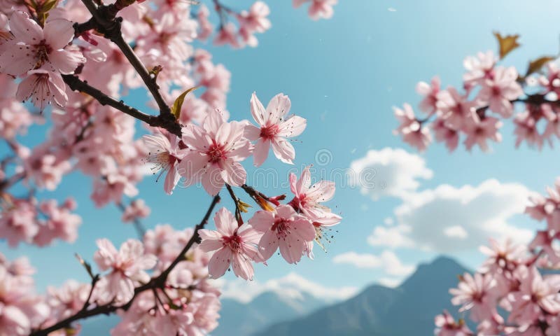 Pink Flowered Tree with Mountains in the Background Stock Illustration ...