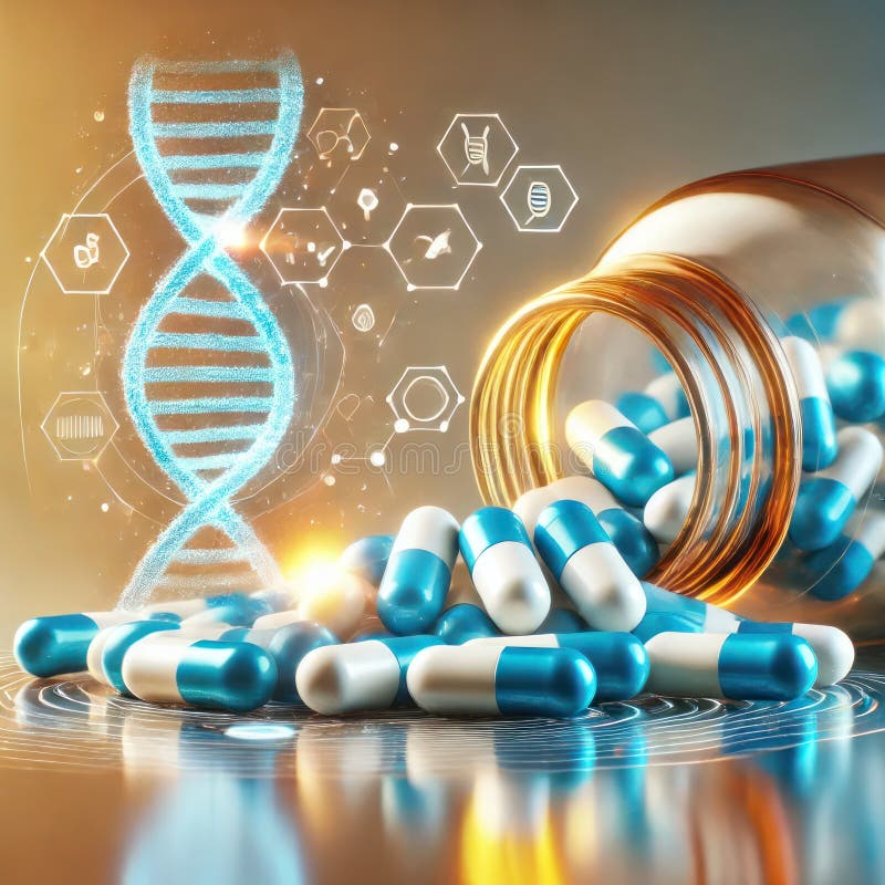Pharmaceutical Capsules Spilling from Jar with Futuristic DNA Hologram ...