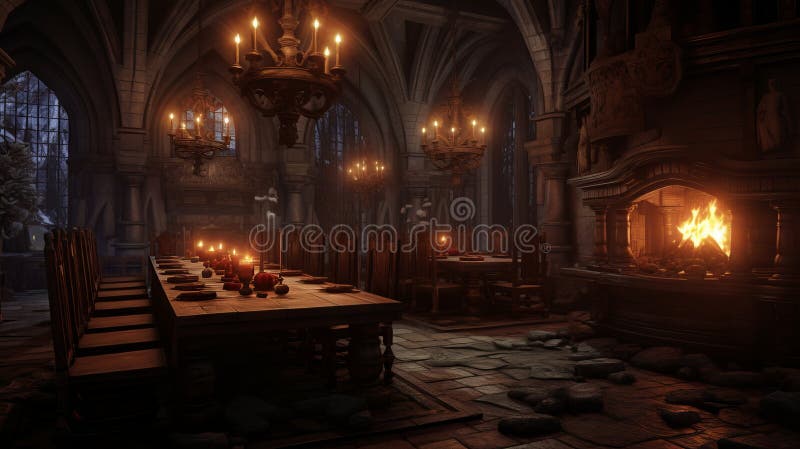 A Glimpse of History: Abandoned Medieval Castle Dining Hall Stock ...