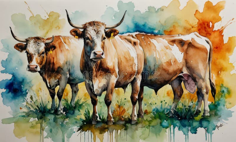 Two Cows Standing in Field Grass Stock Illustration - Illustration of ...