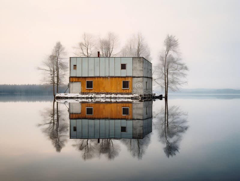 Minimalist House Reflection on Serene Lake. Generative Ai Stock ...