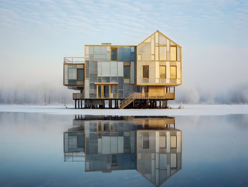Minimalist House Reflection on Serene Lake. Generative Ai Stock ...