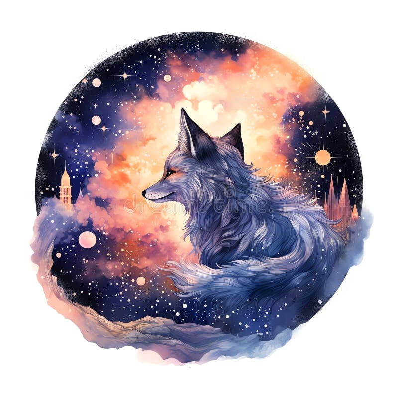 Celestial Foxfire Fantasy Sky Night Gazing Watercolor Stock ...