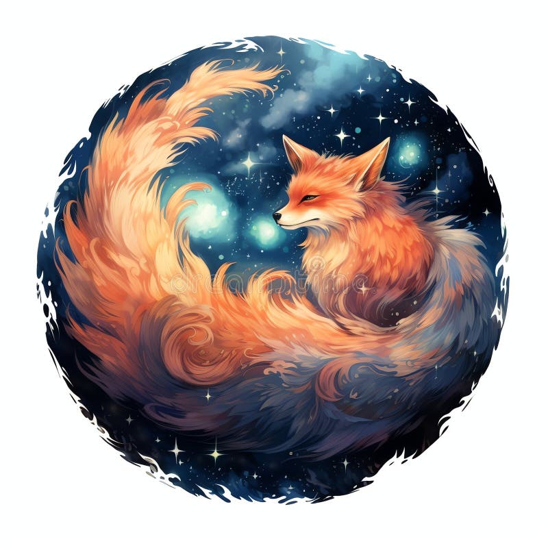 Celestial Foxfire Fantasy Sky Night Gazing Watercolor Stock ...