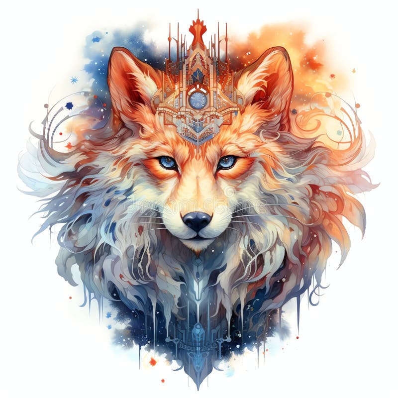 Celestial Foxfire Fantasy Sky Night Gazing Watercolor Stock ...