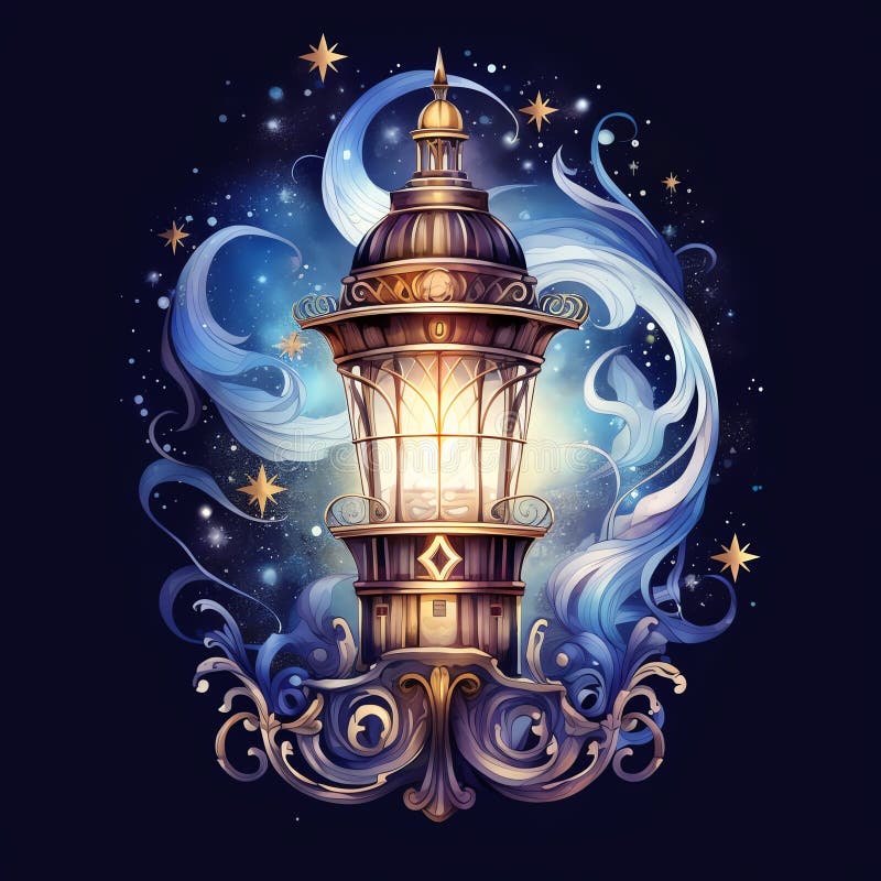 Celestial Lighthouse Lantern Fantasy Sky Night Gazing Watercolor Stock ...