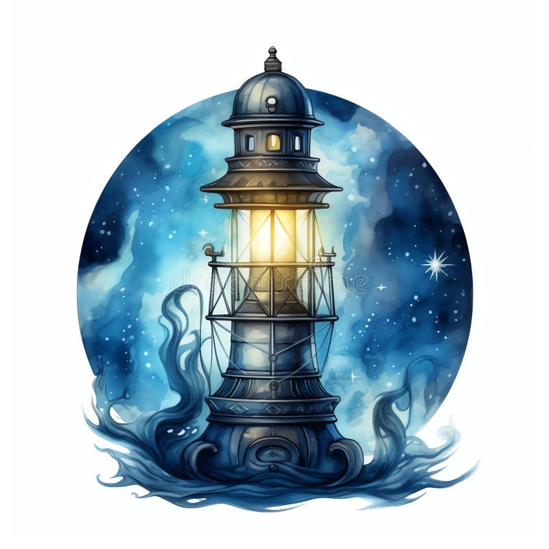 Celestial Lighthouse Lantern Fantasy Sky Night Gazing Watercolor Stock ...