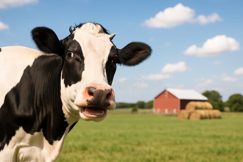 Happy Dairy Cow Smiling in Farm Field Stock Illustration - Illustration ...