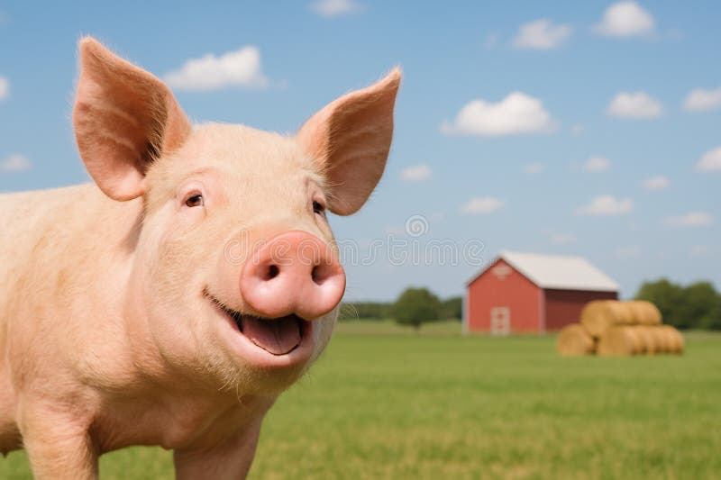Happy Pig Smiling in Farm Field with Barn and Hay Stock Illustration ...