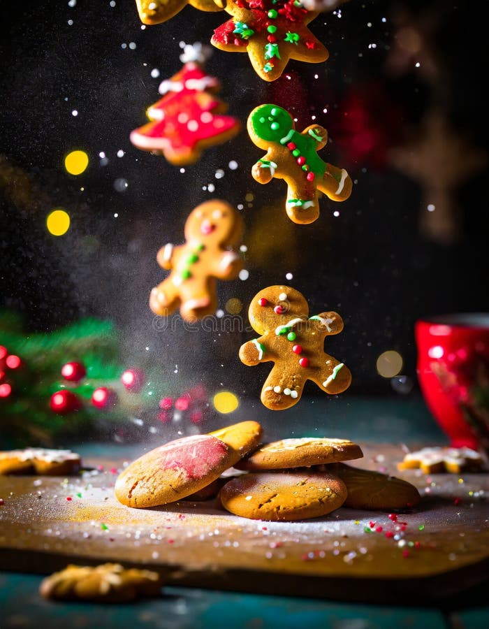 Ginger Bread Cookies Falling Down Onto the Baking Table Stock ...