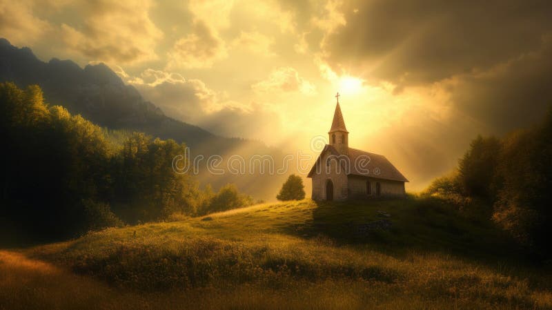 Church in the Field at Sunset. Beautiful Landscape with Church and ...