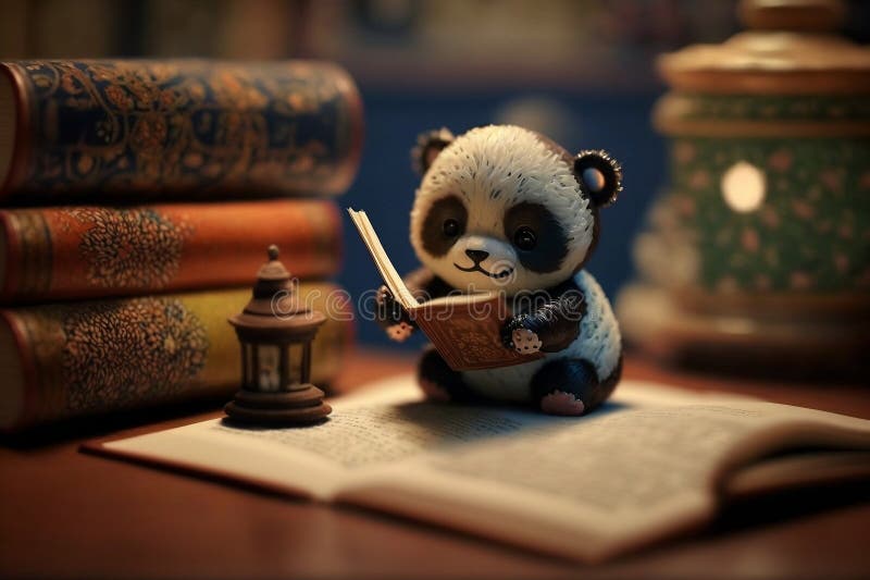 Close Up Tiny Cute Panda Reading Books Stock Illustration ...