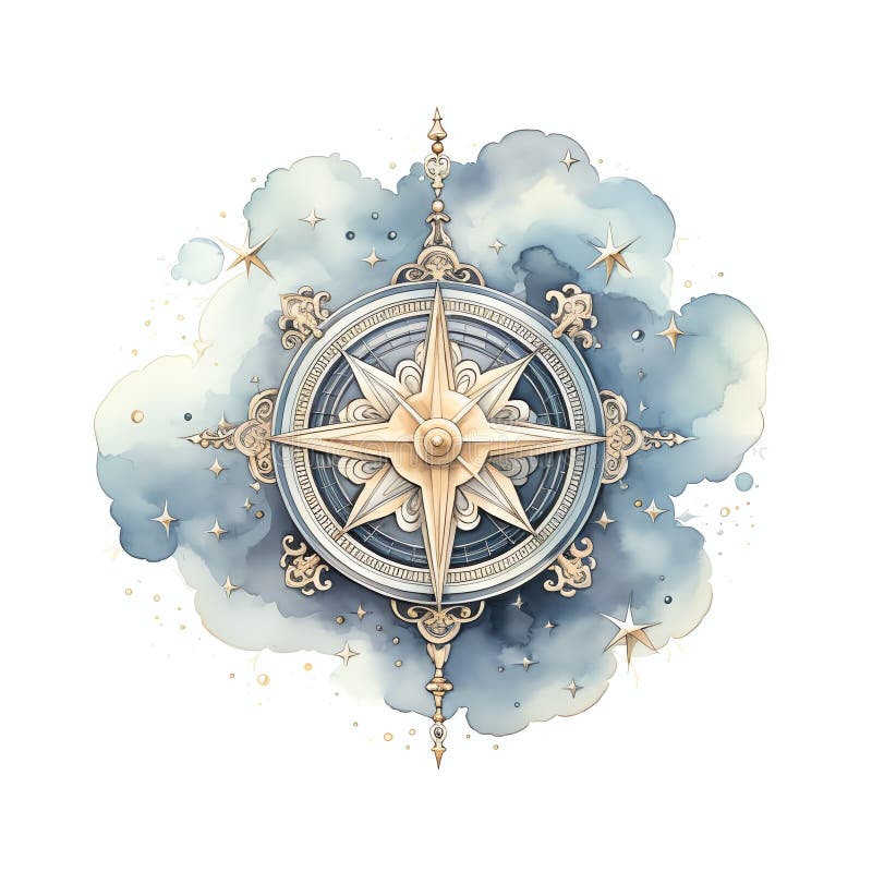 Cloudy Compass Fantasy Sky Night Gazing Watercolor Stock Illustration ...