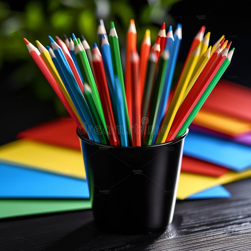 Colorful Crayons in Ceramic Mug and Stack of Drawing Papers on Wooden ...