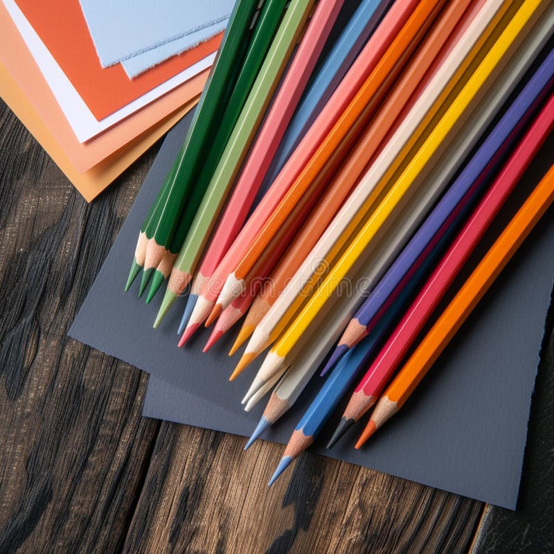 Colorful Crayons and Stack of Drawing Papers on Wooden Table. Square ...